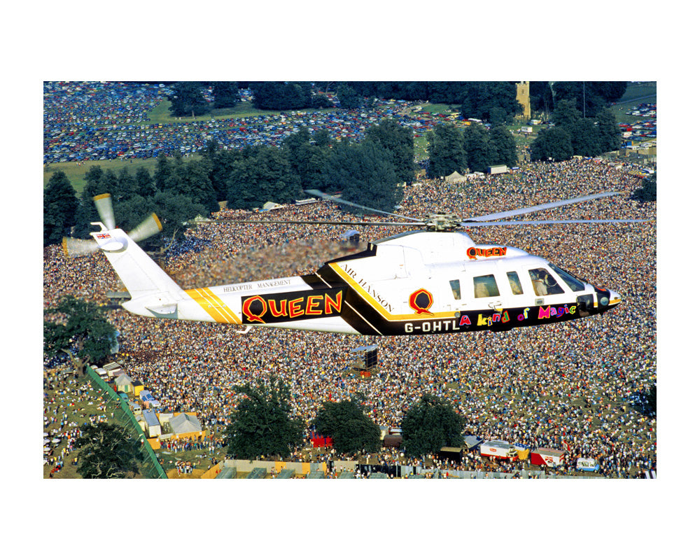 British rock band Queen arriving at Knebworth by helicopter in 1986 ...